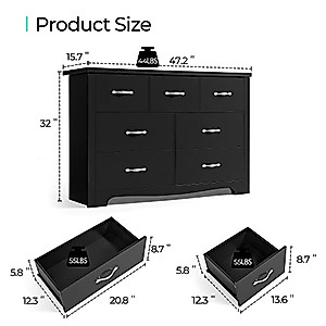 LINSY Home 7 Drawer Dresser, Black Dresser for Bedroom, Wide Nursery Dresser Organizer, Chest of Drawers for Baby,Kids Bedroom