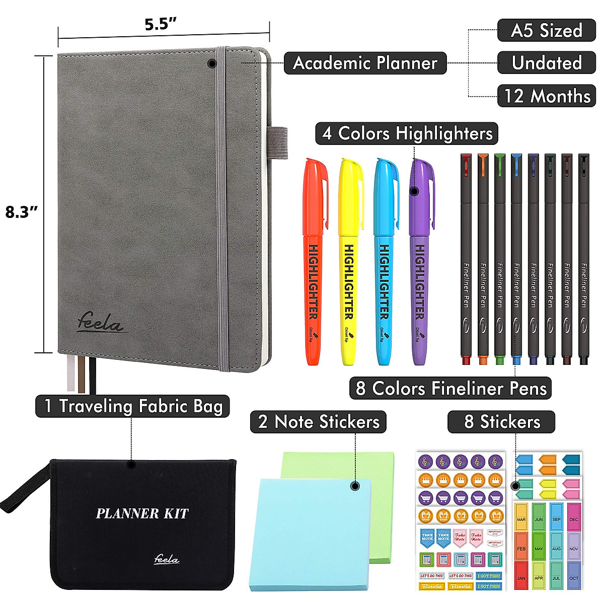 Undated Planner, 2024 Monthly & Weekly Academic Planner Kit, Feela A5 Daily Student Notebook, School Supplies with Highlighters, Note Stickers, Fineliner Pens, Lasts 1 Year, Gray