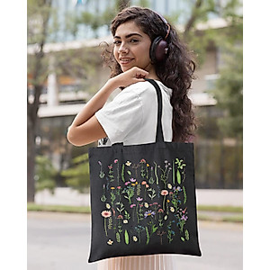 AUSVKAI Cute Canvas Tote Bag Aesthetic For Women College Grocery Bag Cotton Cloth Beach Totes Gift-Black Flowers