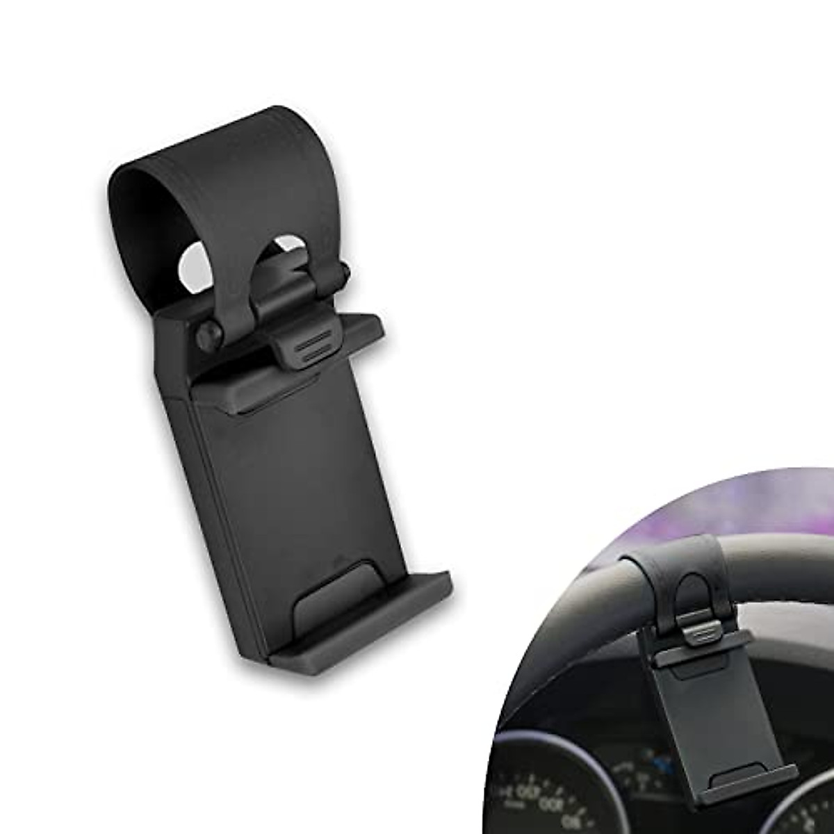 cueclue 1 Pack Car Steering Wheel Phone Mount, Car Navigation Bracket, Hanging Buckle Type Retractable Phone Holder, Compatible with All Vehicles Cellphone Devices Fixed Clip (Black)