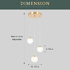 Gold Crystal Pendant Lights 5000k Daylight White,3-Light Mini Led Modern Brushed Brass Light Fixtures Ceiling Hanging, Glass Globes Pendant Lighting for Kitchen Island Bedroom Dining Room Foyer