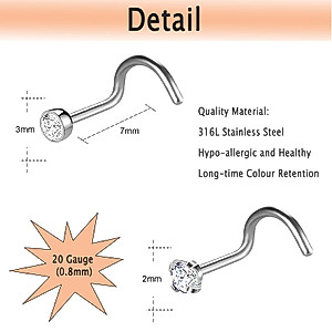 BodyAce 20-24Pcs 20G Nose Rings, Surgical Steel Tiny Nose Rings, CZ Clear Nose Piercing Jewelry, Screw/Bone/L-Shaped Nose Studs for Women (F Set: 20Pcs)