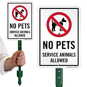 SmartSign 10 x 7 inch “No Pets - Service Animals Allowed” LawnPuppy Yard Sign and 18 inch Stake Kit, 40 mil Laminated Rustproof Aluminum, Red, Black and White, Set of 1, Made in USA