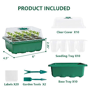 Seed Starter Trays, 12 Cells x 10 Packs Humidity Adjustable Plant Grow Kit with Dome and Base for Greenhouse & Gardens(120 Cells Total Tray)