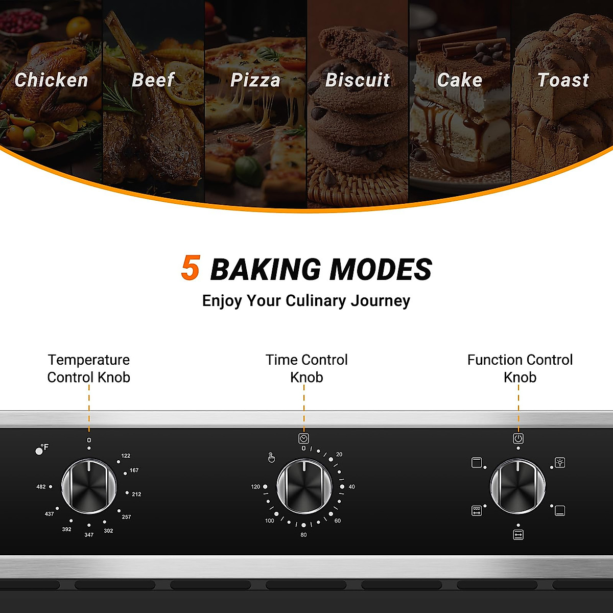 AMZCHEF 24" Single Wall Oven, 2.65 Cu.ft. Built-in Electric Wall Oven with 5 Cooking Functions, 360° ROTATING ROTISSERIE, 2200W, Mechanical Knobs Control, Timer, Stainless Steel Wall Oven for Kitchen