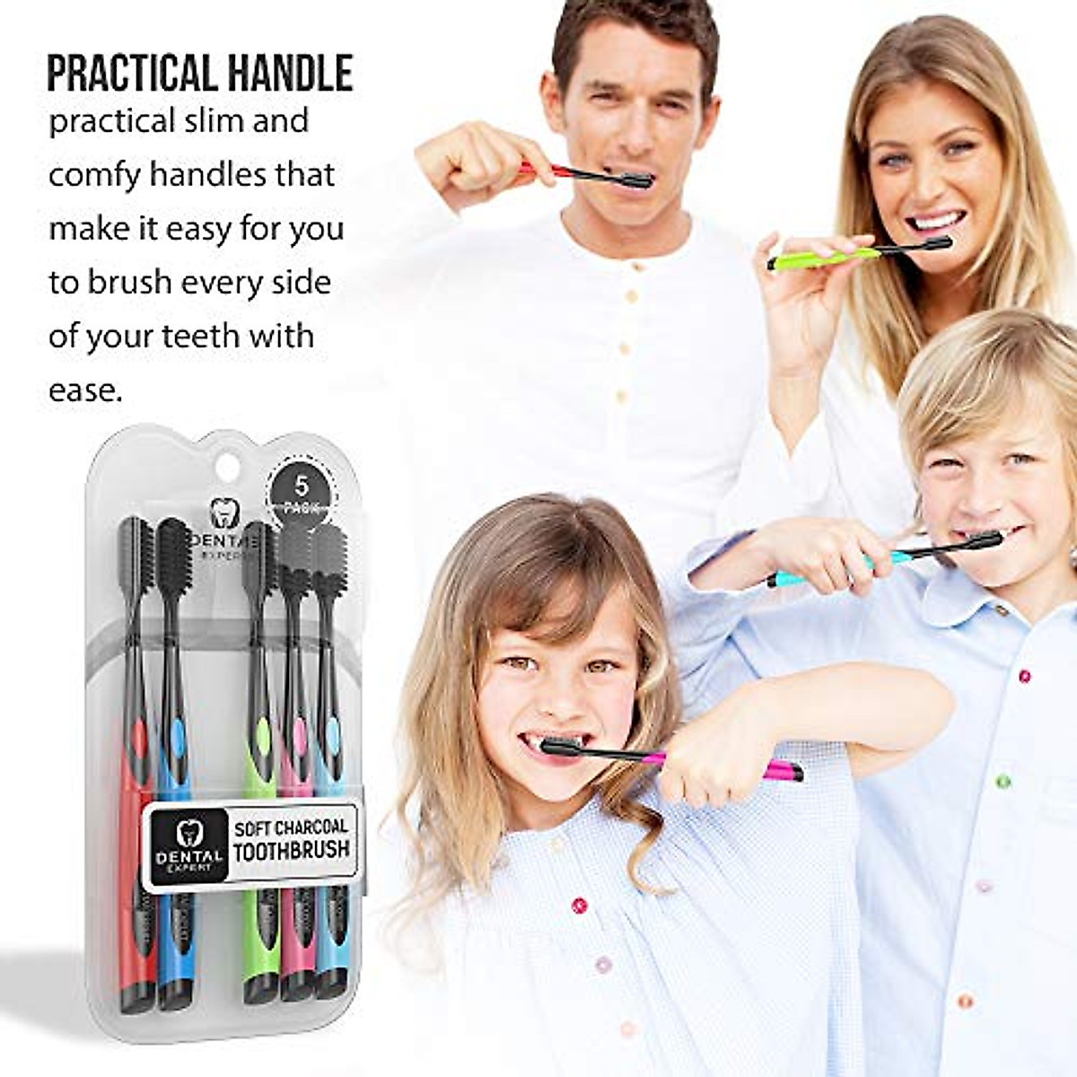 Charcoal Black Toothbrush [Gentle Soft] Slim Teeth Head Whitening Brush for Adults & Children [Family Pack] - Ultra Soft Medium Tip Bristles