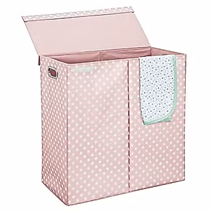 mDesign Extra Large Upright Double Laundry Hamper Basket with Hinged Lid and Handles - Portable and Foldable for Compact Storage in Baby Nursery, Kid Bedroom, Playroom - Pink/White Polka Dots