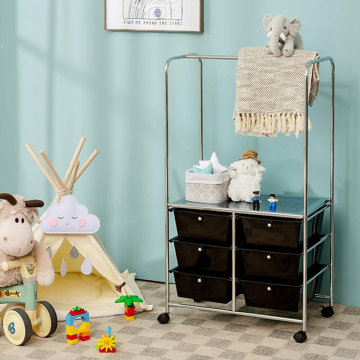 Giantex 6 Drawer Storage Cart, Office School Organizer Cart, Rolling Drawer Cart for Tools, Scrapbook, Paper or Bathroom, Storage Shelf (Black)