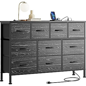 YaFiti Dresser TV Stand with Power Outlet, 43" Long Dresser for Bedroom with 10 Fabric Drawers, Chest of Drawers for Living Room, Hallway (Black Wood Veins)