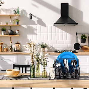 Mezchi Metal Utensil Caddy with 5 Compartments, Black Mesh Silverware Caddy Organizer, Flatware Storage Holder for Napkins, Plates, Party, Camping, Picnic, Buffet, RV, BBQ, Kitchen, Countertop