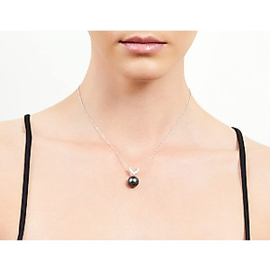 The Pearl Source 14K Gold 12-13mm Round Black Tahitian South Sea Cultured Pearl & Diamond Belissima Pendant Necklace for Women