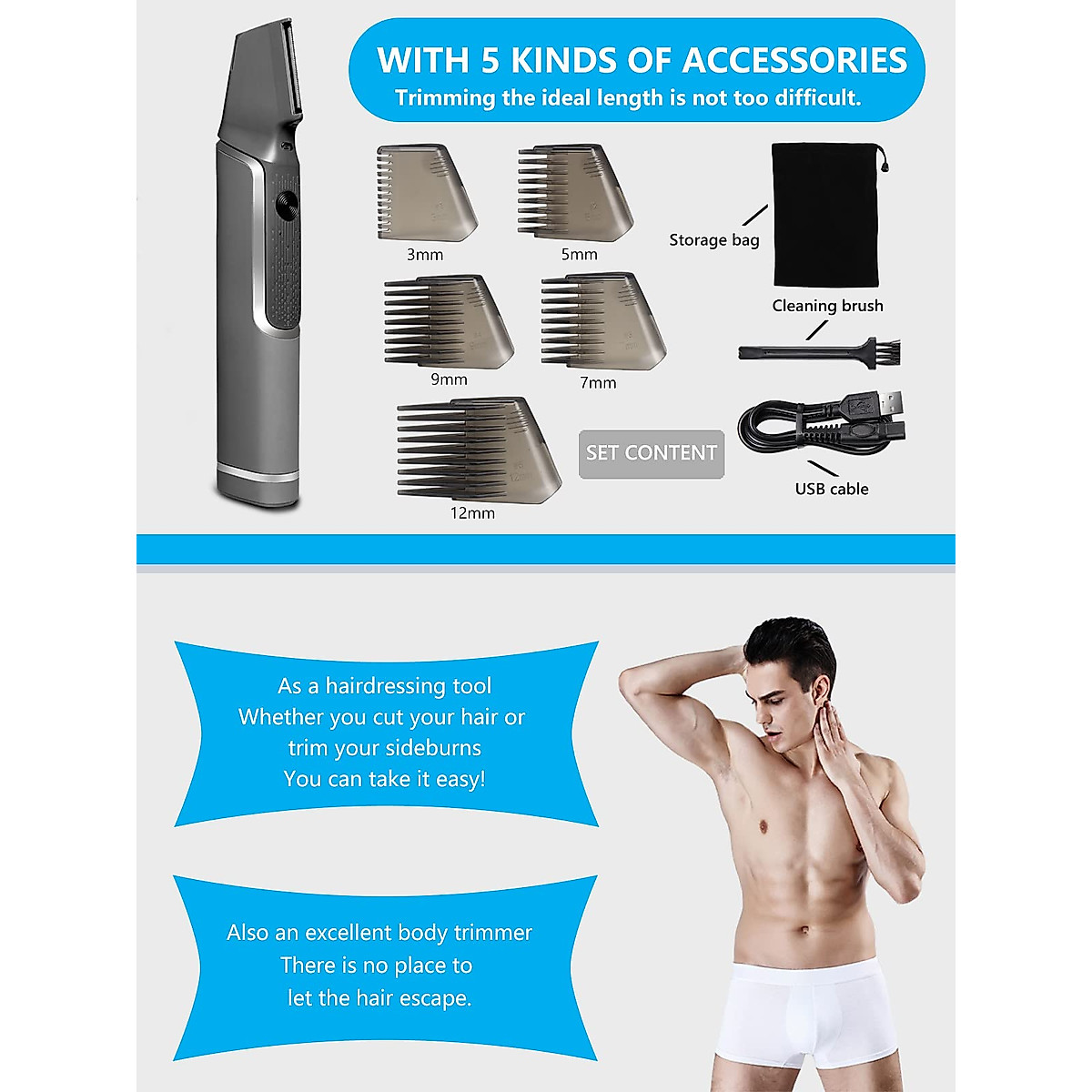 Mens Body Hair Trimmer Hair Cutting Tools Neck, Back, Facial, Beard Hair Trimmer As Seen on Tv Self Haircut Shavers for Men Long Handle Hair Cutting Comb