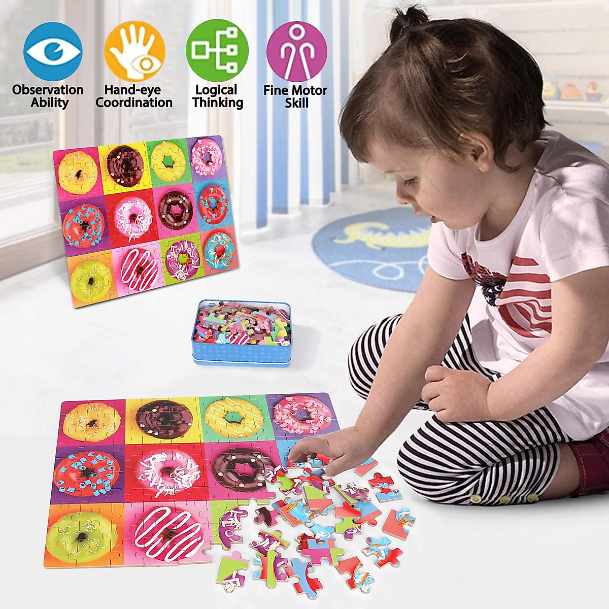 LELEMON Puzzles for Kids Ages 4-8,Donut Puzzle 100 Piece Puzzles for Kids in a Metal Box, Educational Kids Puzzles Jigsaw Puzzles 100 Piece Puzzle Games Puzzle Toys for Girls and Boys
