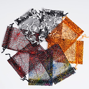 choyaxo 100PCS Halloween Organza Bags Spider Web Print Satin Drawstring Candy Jewelry Bags for Halloween Drawstring Gift Bags 4 x 6 Inches/10 * 15cm, 4 Styles