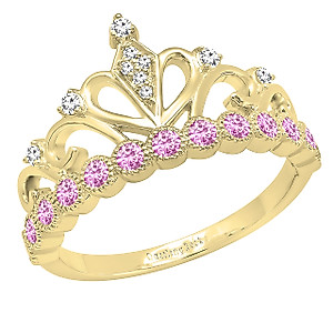 Dazzlingrock Collection Round Pink Sapphire & White Diamond Crown Style Engagement Ring for Women in 10K Yellow Gold, Size 6.5