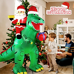 LEITAO 7FT Inflatable LED Santa Dinosaur Christmas Decoration - Giant Holiday Blow Up Decor for Indoor & Outdoor