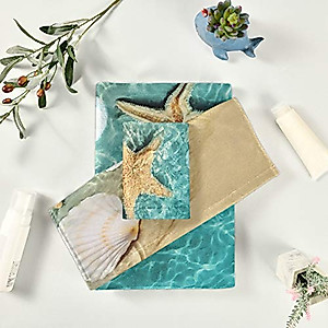 Vdsrup Summer Beach Ocean Bath Towels Set of 3 Sea Seashells Starfishs Hand Towels Washcloth Soft Thin Face Guest Towel Kitchen Tea Dish Towels Bathroom Decorations Housewarming Gifts