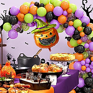 124 Pack Halloween Balloon Arch Garland Kit, Black Orange Green Purple Confetti Balloons and Mylar Pumpkin Balloon for Kids Halloween Birthday Party Decorations Supplies