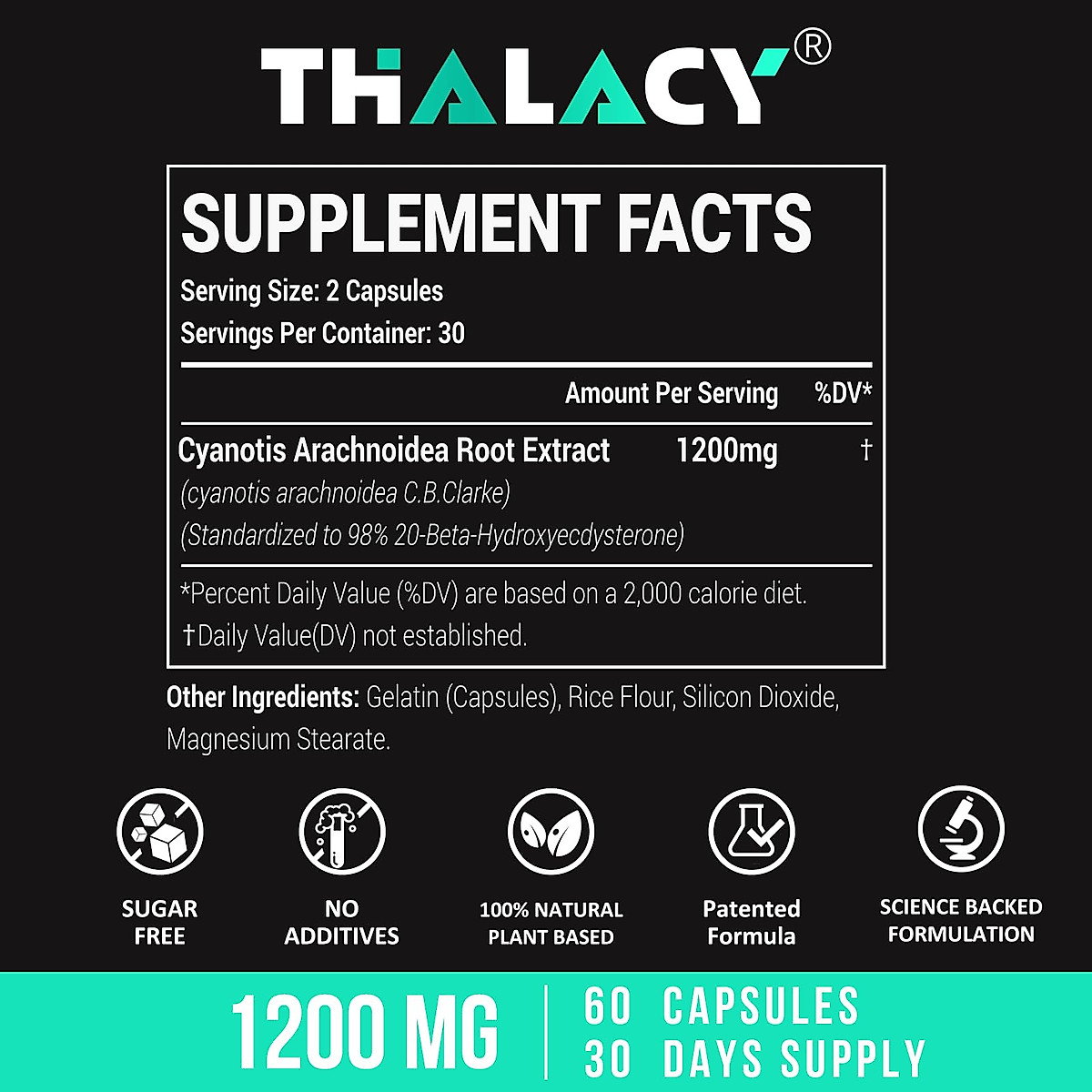Thalacy 1200MG Beta Ecdysterone Supplement, 98% Maximum Purity Ecdysterone Supplements for Lean Muscle Mass, Athletic Performance & Strength, 60 Capsules