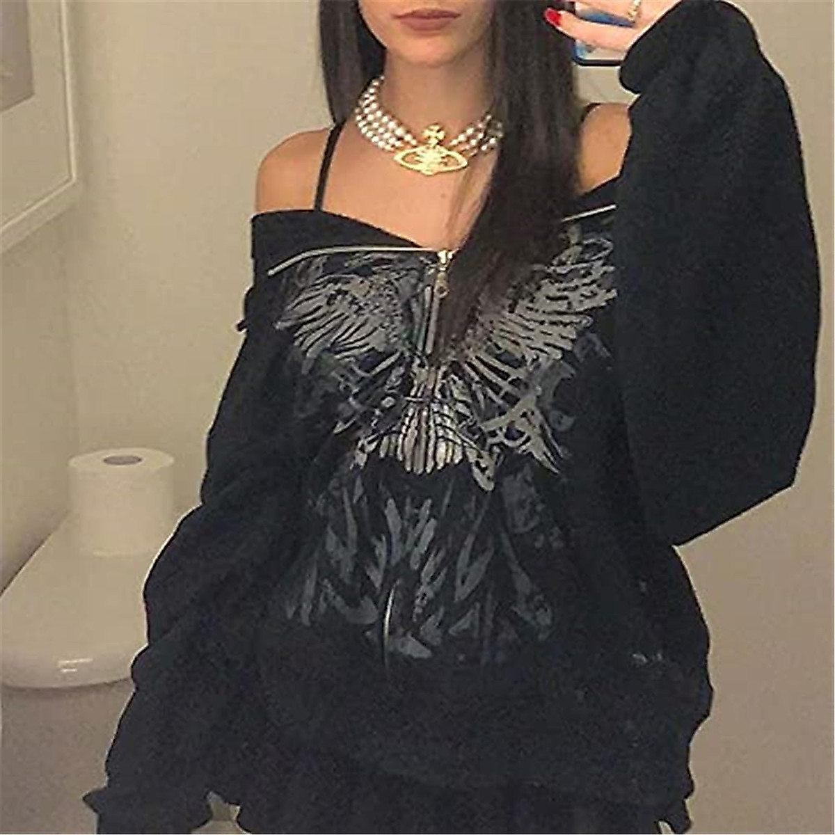 Mtsebmves Women's Zip Up Hoodie Sweatshirt Long Sleeve Oversized Casual 90S Y2K E-Girl Streetwear Grunge Jacket with Pocket (Black-1A, M)