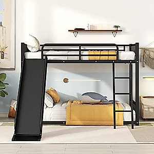 TARTOP Bunk Bed with Slide, Metal Twin Over Twin Bunk Bed with Slide and Ladder, Made of Heavy Duty Steel, for Kids Girls Boys Teens,Black