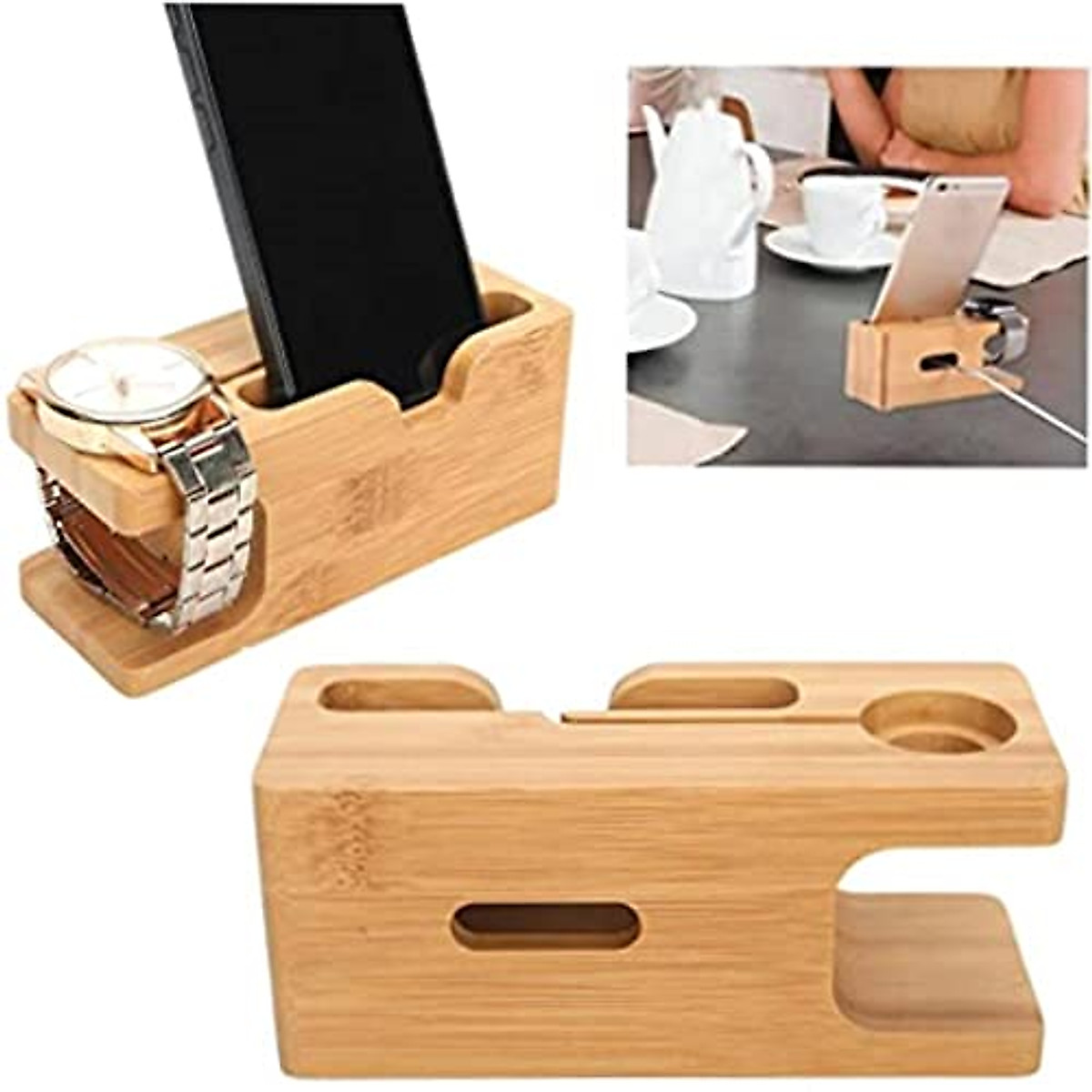 Wooden Docking Station for Multiple Devices - Desktop Organizer Smartphone Charging Dock Tablet and Charging Stand - Bamboo Charging Station with Multiple Cables