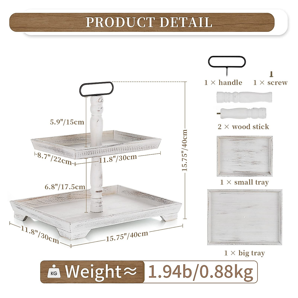 Hanobe Tiered Tray for Table Decor: 2 Tier Serving Stand Farmhouse Decorative Tray for Coffee Bar Centerpiece Rectangle Wood Display Stands Kitchen Counter (White)