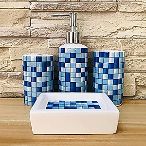 AUANIYAN Ceramic Bathroom Accessories Set, 4 Pieces Modern Design Bath Set Soap Dispenser,Toothbrush Holder, Tumbler,Soap Dish（Blue Mosaic）
