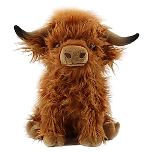 Abawaka 9.8inch Highland Cow Stuffed Animal Realistic Cow Plush Cattle Simulation Highland Cuddly Plushie Doll Farm Home Decor(Brown)