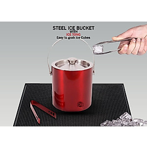 King International Stainless Steel Double Walled Insulated Red Ice Bucket with Lid & Handle, 1.75 LTR 84 Quarts, Ice Tong, Keeps Ice Cold for 6 Hours, Bar Tools for Home Bar Accessories, Mini Bar