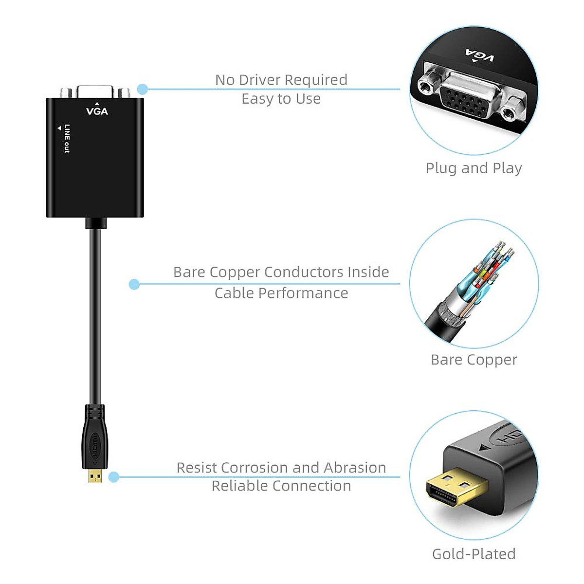 Unkonwn Micro HDMI to VGA Micro HDMI to VGA Converter with 3.5 mm Audio Jack, Compatible with Laptop