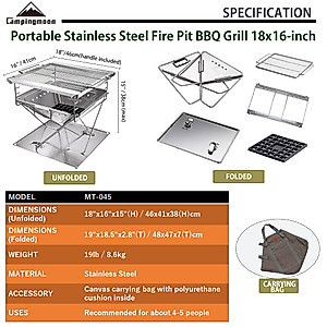 CAMPINGMOON 3-in-1 Portable Stainless Steel Wood Burning Grill and Fire Pit 16x18-inch with Carrying Bag MT-045