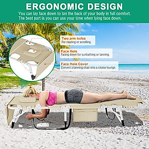 LILYPELLE Tanning Chair with Face Hole, Heavy Duty Outside Lounge Chair with Mattress, Folding Outdoor Face Down Tanning Chair Arm Hole for Beach Poolside Patio Sunbathing Lawn Camping