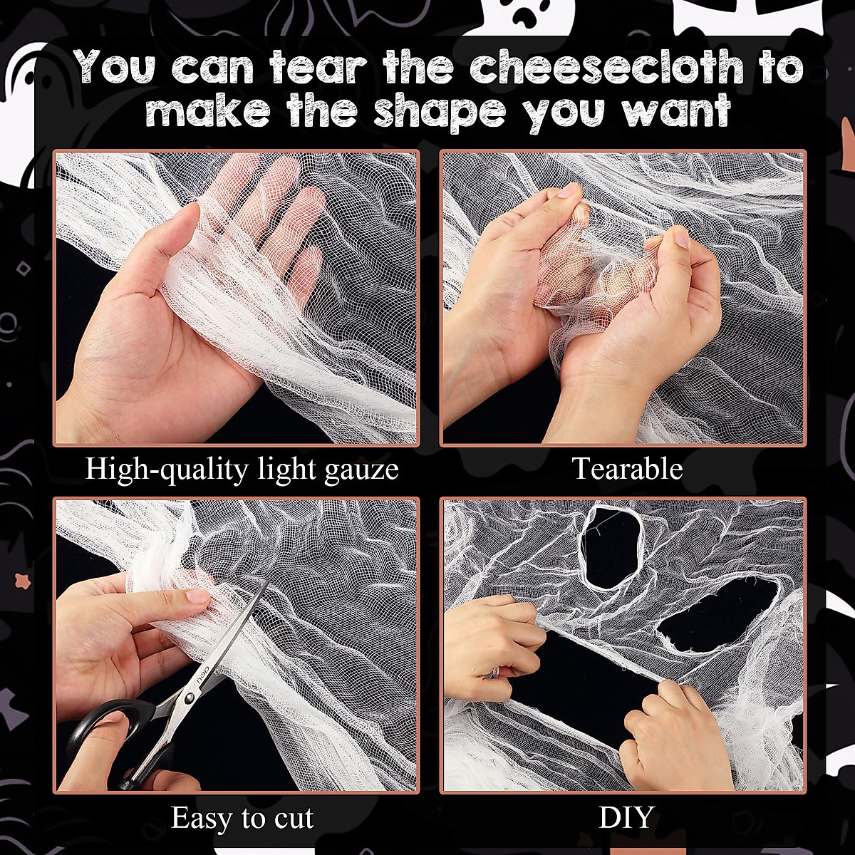 Xtinmee 5.2ft x 98ft Halloween Creepy Cloth White Spooky Fabric Cloth Scary Gauze Cloth and 32 Pcs Adhesive Ghost Halloween Stickers for Halloween DIY Projects Yard Wall Outdoor Party Decoration