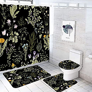 4 Pcs Black Floral Shower Curtain Sets,Watercolor Flower Green Leaves Vintage Herbal Plant Wildflower 70"x 70" Bathroom Curtain with 12 Hooks,29.5"x 17.8" Bath Mat,Toilet Seat Cover, U-Shaped Toilet
