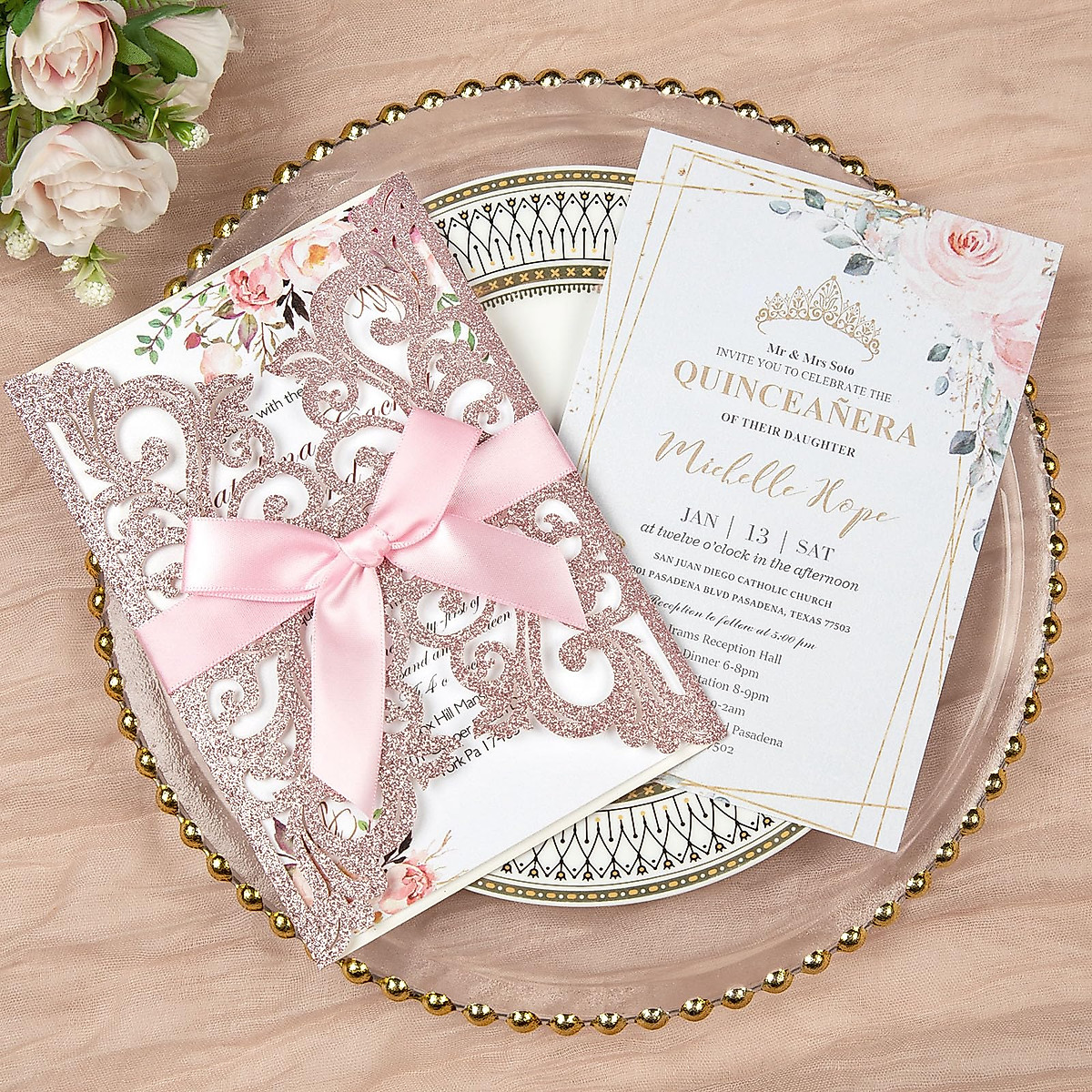 50PCS Wedding Invitation, Pink Laser Cut Invitations with Envelopes and RSVP Cards for Wedding Engagement Baby Bridal Shower Quinceanera Birthday Party Invites