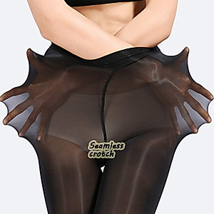 HTRUIYA Women's Oily Shiny Control Top Pantyhose Seamless Sheer Tights 8 Denier High Waist Gloss Stockings-Black