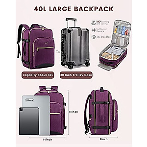 LOVEVOOK Large Travel Laptop Backpack Women, 40L Flight Approved Carry on Backpack Waterproof 17.3inch Luggage Daypack Business Weekender Overnight Backpacks Bag with 3 Packing Cubes, Purple