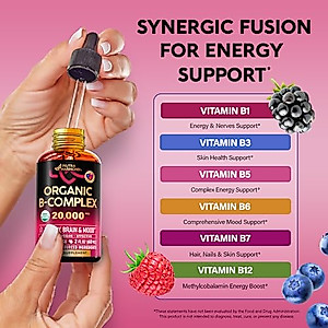USDA Organic Vitamin B-Complex B5 Pantothenic Acid | B12 Methylcobalamin | B1 Thiamine | B6 Pyridoxine | B7 Biotin | B9 Folic | B3 Niacinamide - B Complex Liquid Drops, Made in USA Supplement, 2fl oz