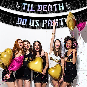 Til Death Do Us Party Banner with Fringe Garland, Halloween Banner Pre-Strung Bachelorette Party Garland Anniversary Party Decoration Sign for Bride Groom Wedding Backdrop (Black & Iridescent)