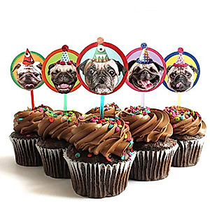 Pugs Cupcake Toppers, set of 6 different birthday dogs party decorations, printed both sides