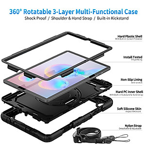 Timecity Case for Samsung Galaxy Tab S6 Lite 10.4'' 2024/2022/2020 (SM-P620/P610/P613/P615), Durable Sturdy Protective Case with Screen Protector, Rotating Stand, Hand/Shoulder Strap- Black