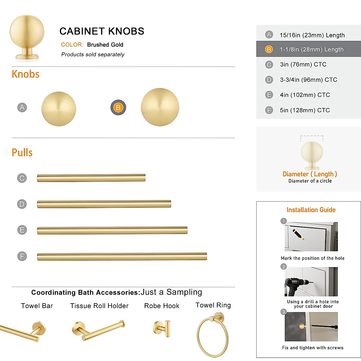 QOGRISUN 10-Pack Solid Brass Cabinet Knobs, Round Ball Gold Knobs for Dresser Drawer, 1.1-Inch Diameter, Sphere Cabinet Pulls, Brushed Brass Finish