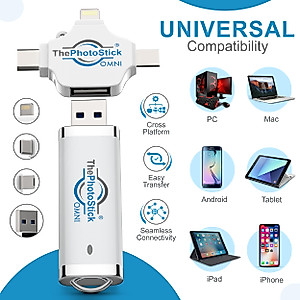 ThePhotoStick® Omni 64GB - Secure Photo & Video Backup and Transfer | Digital File Organization | USB & Multiport Connection for Phones, Tablets and Computers | Portable Memory | External Storage