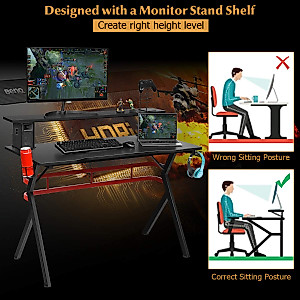 Tangkula Gaming Desk, Professional Gamer Workstation with Cup Holder, Headphone Hook, Handle Rack, Ergonomic PC Gaming Table with Monitor Stand, E Sports Computer Desk Table for Home, Office (Black)