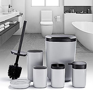 GERUIKE Bathroom Accessories Set 6 Piece Plastic Includes Soap Dispenser,Trash Can,Soap Dish,Toilet Brush Holder,Toothbrush Holder,Toothbrush Cup for Bathroom,Gray
