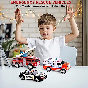 Liberty Imports 3-in-1 True Hero Emergency Rescue Vehicles Kids Toy Cars Playset - Ambulance, Fire Truck and Police Car with 3-Button LED Light and Sound Effects