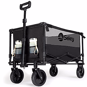 Sekey Collapsible Foldable Wagon with 220lbs Weight Capacity, Heavy Duty Folding Utility Garden Cart with Big All-Terrain Beach Wheels & Drink Holders. Black&Grey