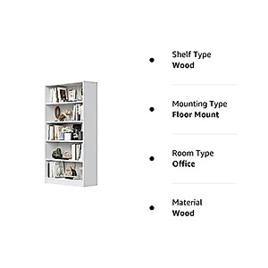 Wood Bookcase 5-Shelf Freestanding Display Wooden Bookshelf for Home Office School (11.6" D*33" W*59.8" H,White)