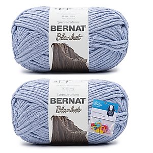 Bernat Yarn Bernat Blanket Yarn - Big Ball (10.5 oz) - Smokey Blue - 2 Pack Bundle with Bella's Crafts Stitch Markers